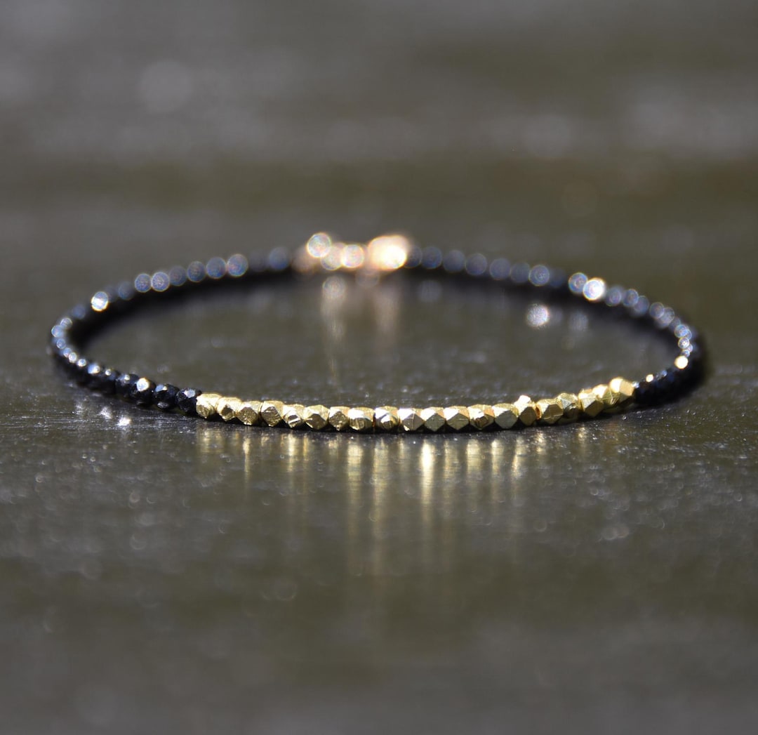 Solid 14k Gold and Black Spinel Bracelet, 14 Karat Gold Bali Style Hand ...