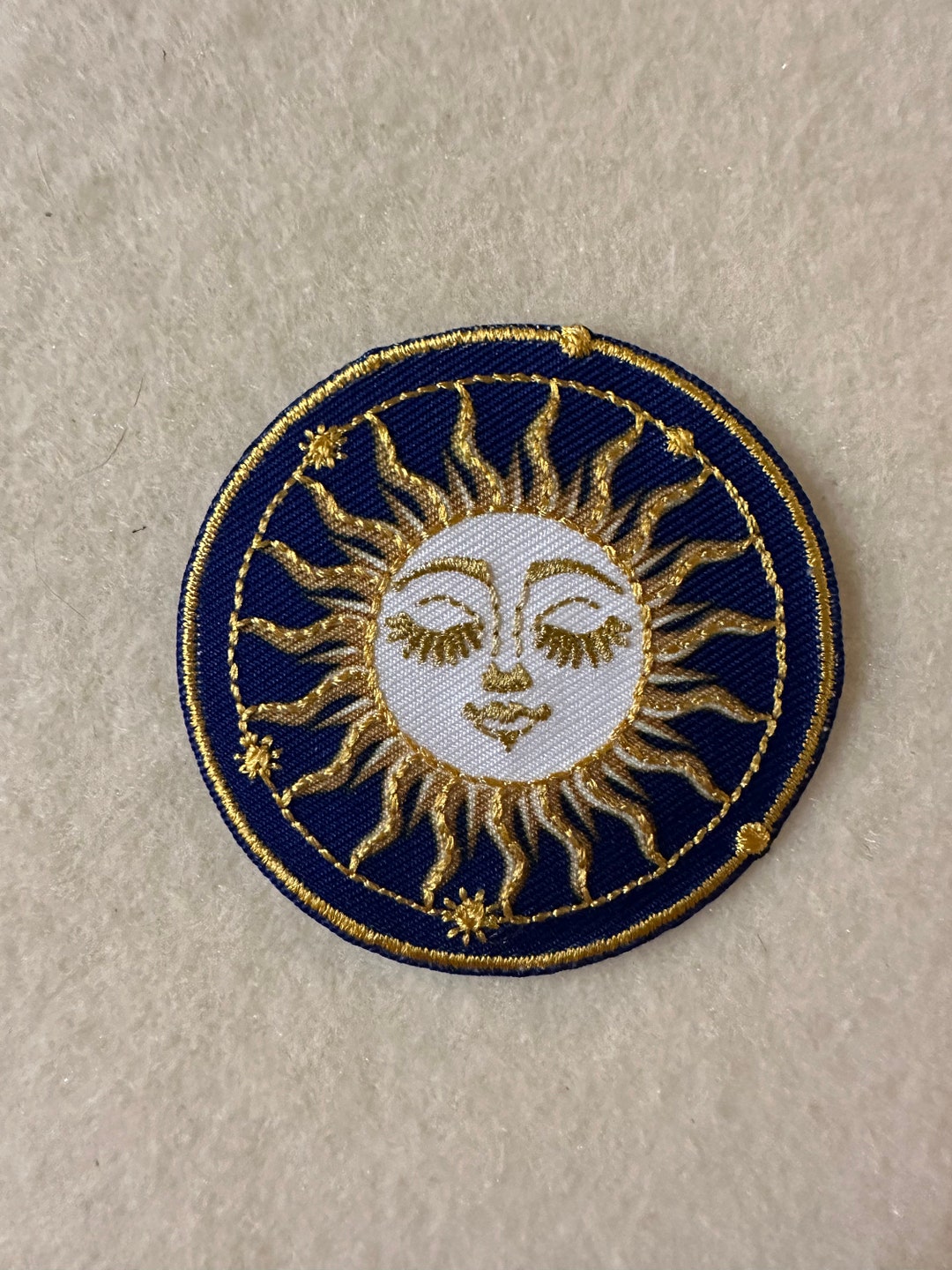 Applique - Celestial Sun Face on Navy Blue With Metallic Gold Detail ...