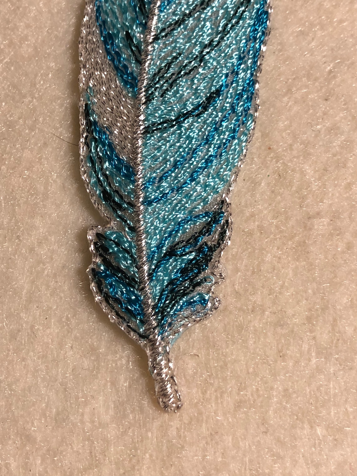 Applique - Elegant Embroidered Feather in Blues and Metallic Silver ...