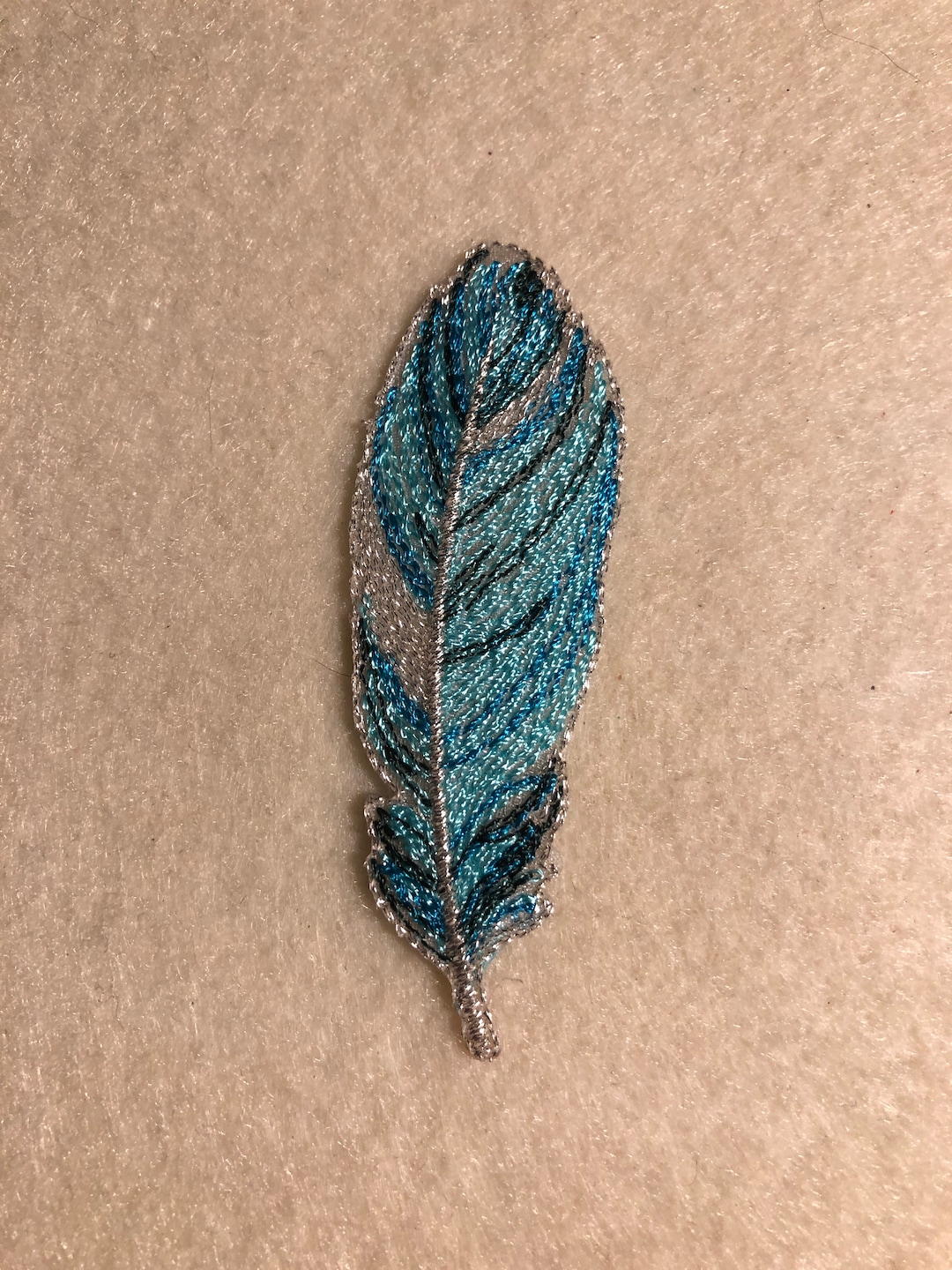 Applique - Elegant Embroidered Feather in Blues and Metallic Silver ...