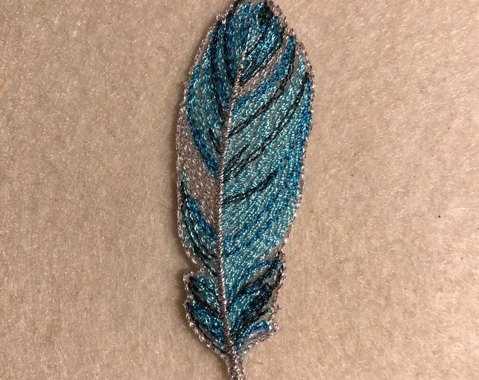 Applique - Elegant Embroidered Feather in Blues and Metallic Silver ...