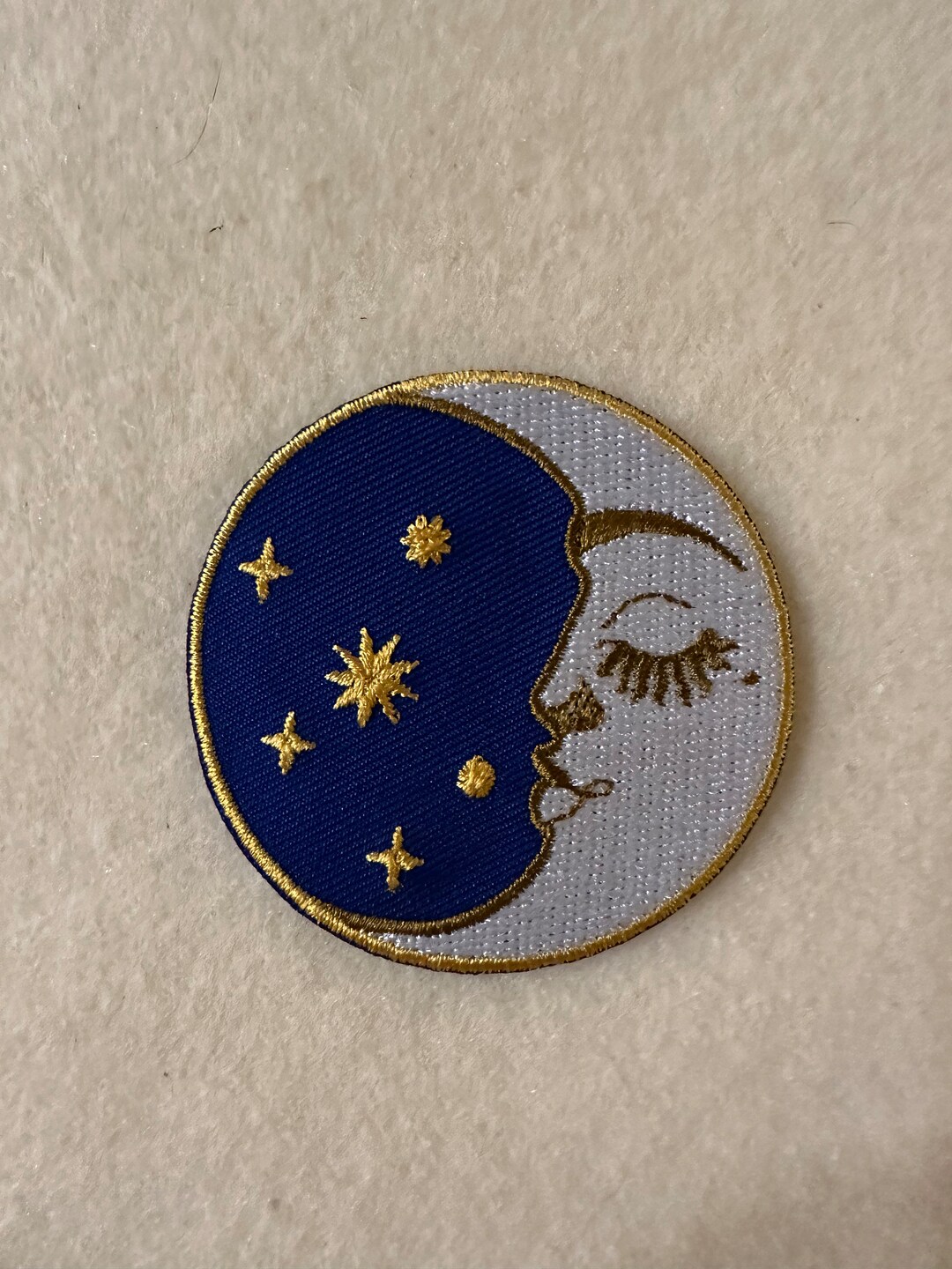 Applique - Moon Face on Navy Blue With Metallic Gold Detail - Iron On ...