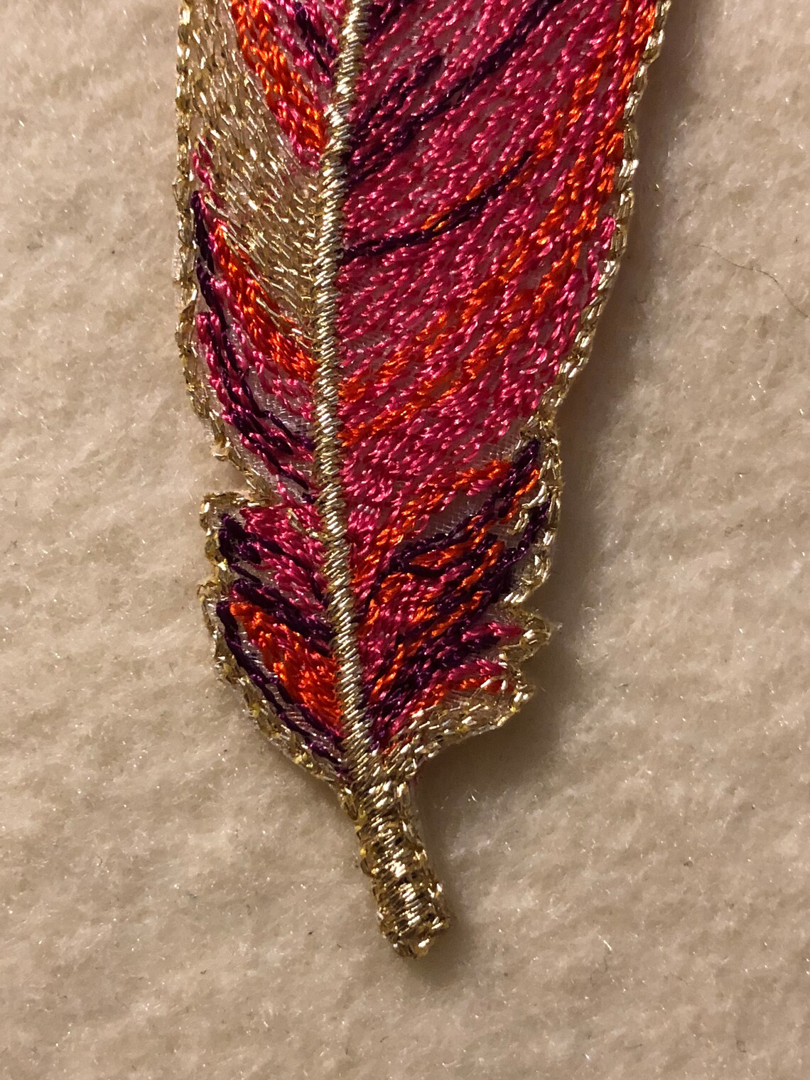 Appliqué - Elegant Embroidered Feather in Magenta, Red and Metallic ...