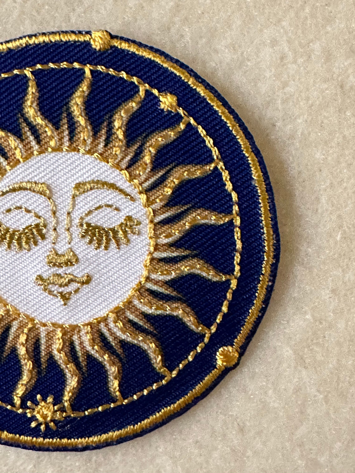 Applique - Celestial Sun Face on Navy Blue With Metallic Gold Detail ...