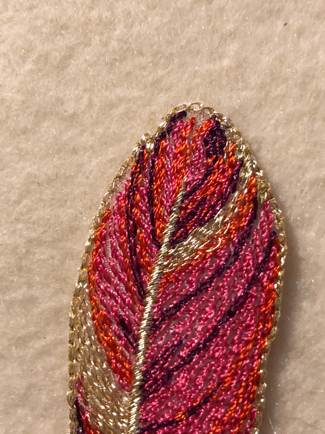 Appliqué - Elegant Embroidered Feather in Magenta, Red and Metallic ...