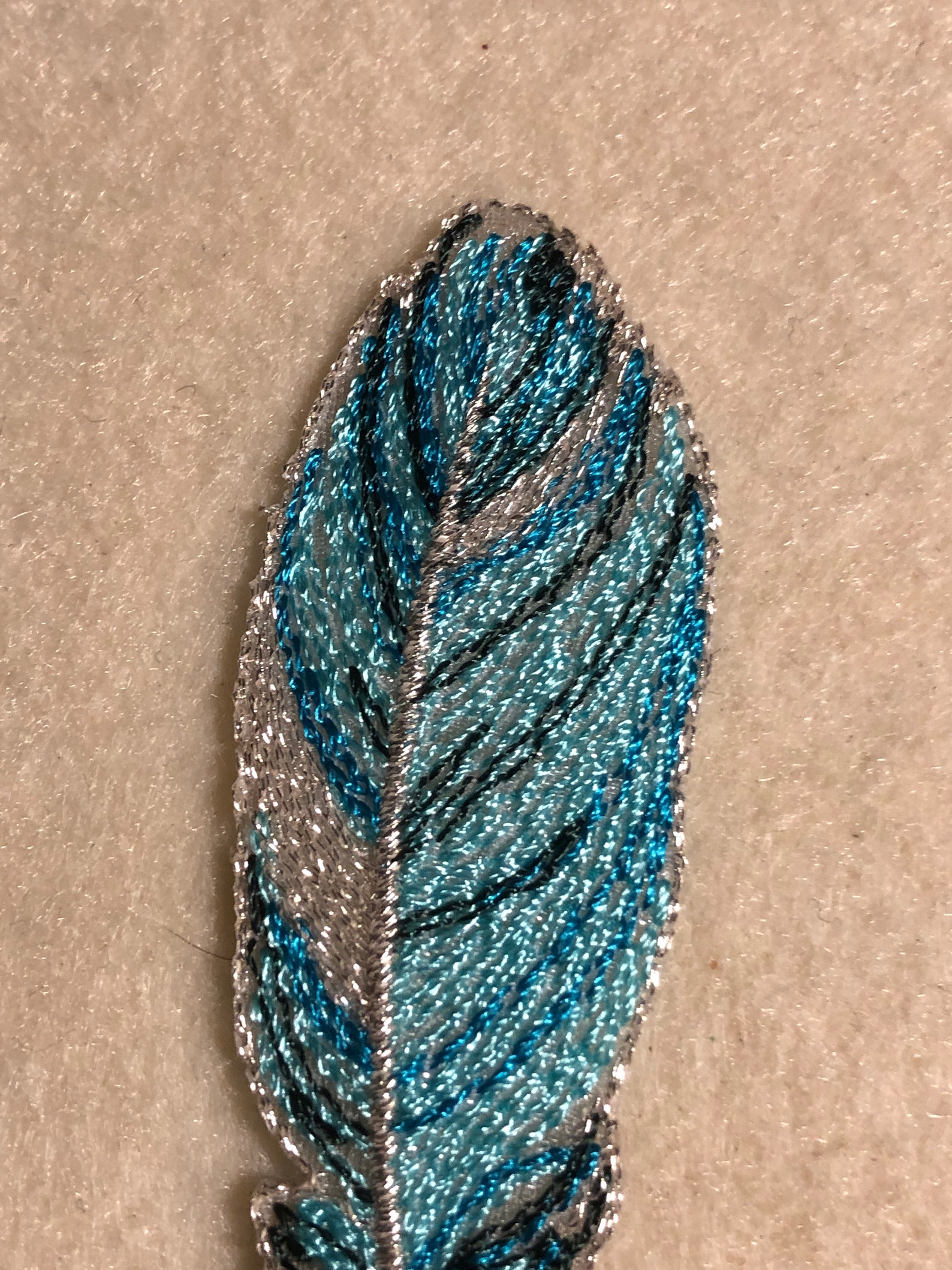 Applique - Elegant Embroidered Feather in Blues and Metallic Silver ...
