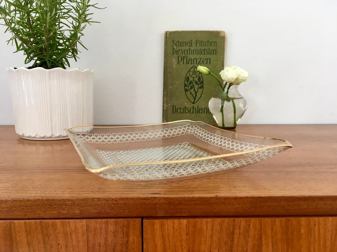 Vintage, Flat Glass Bowl, 50s/60s, Midcentury, Geometric Decor, Gold ...