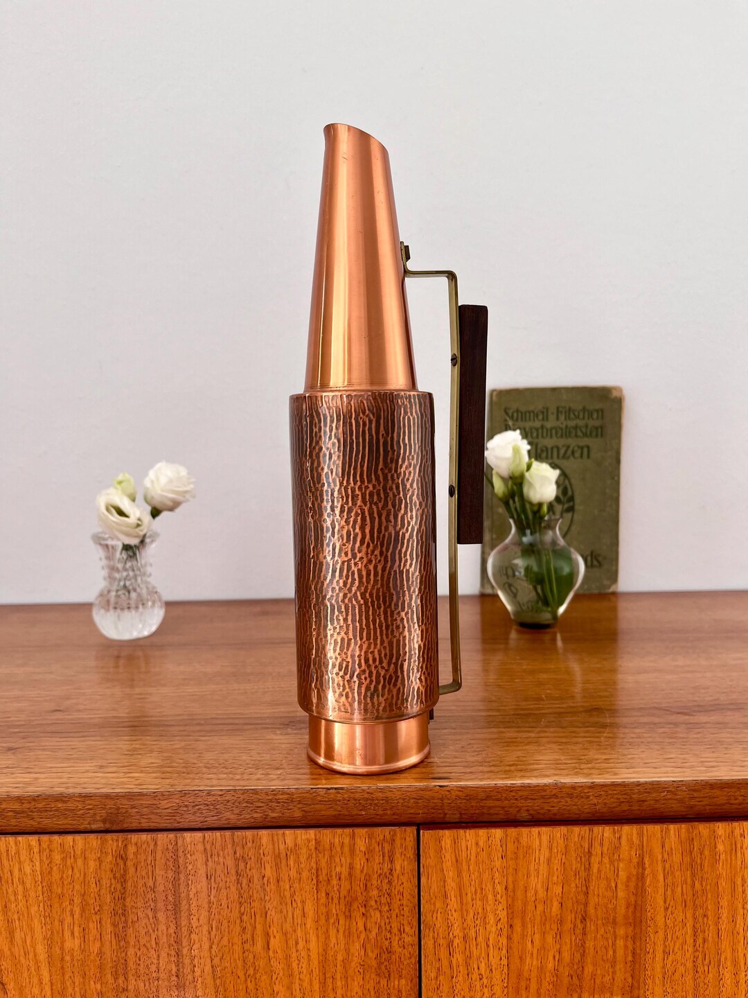 Vintage, Vase, Copper, Hammered, Wooden Handle, 50s/60s, Midcentury ...