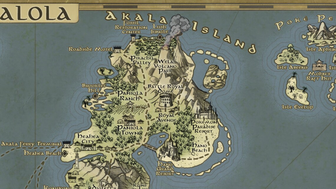 Pokemon Canvas Alola Map, Fantasy Map Canvas Print, Pokemon Canvas ...