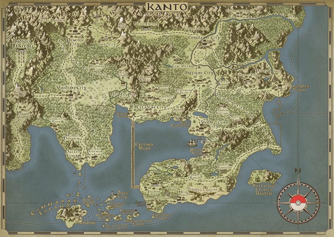 Pokemon Canvas Kanto Map, Fantasy Map Canvas Print, Pokemon Canvas ...