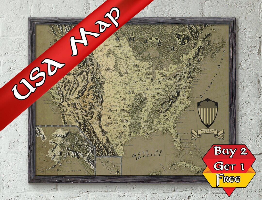 USA Print Fantasy Map, USA Poster, Fantasy Art Print, United States Map ...