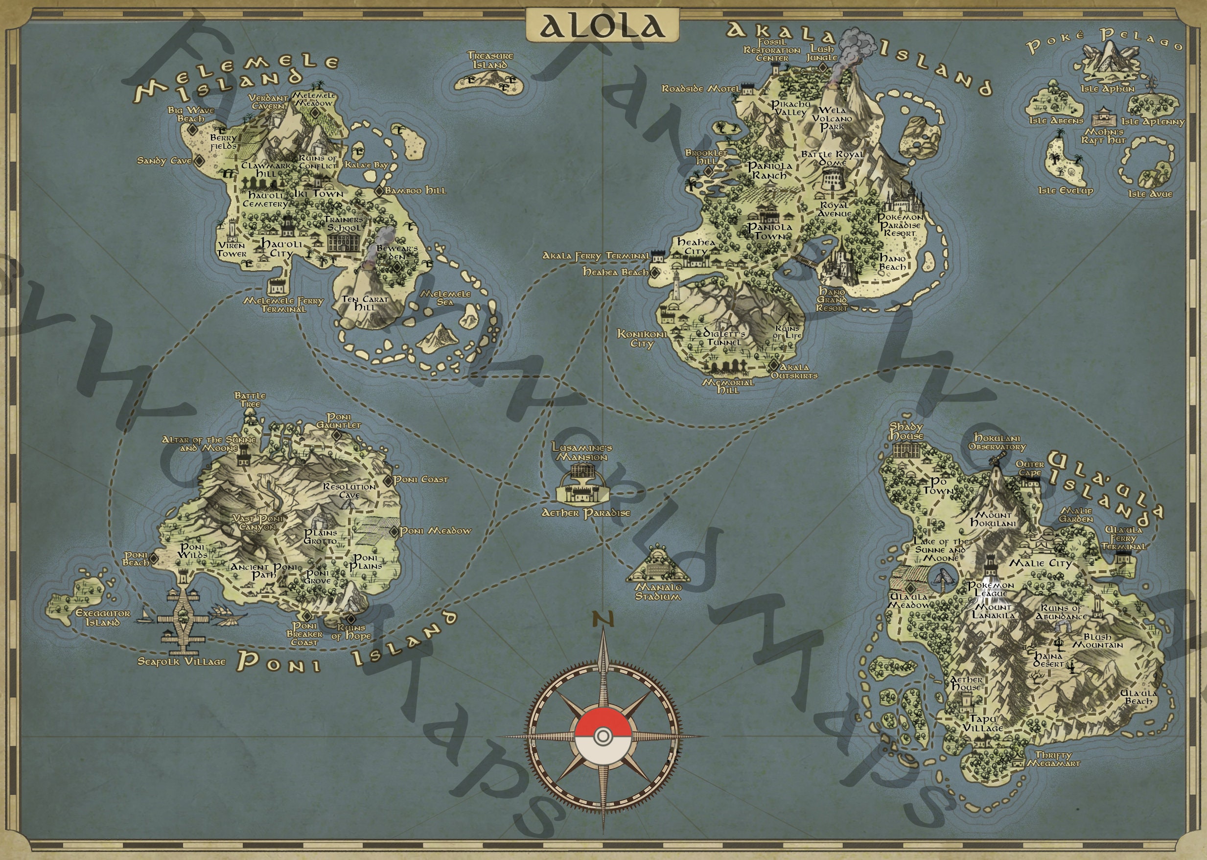 Pokemon Canvas Alola Map, Fantasy Map Canvas Print, Pokemon Canvas ...