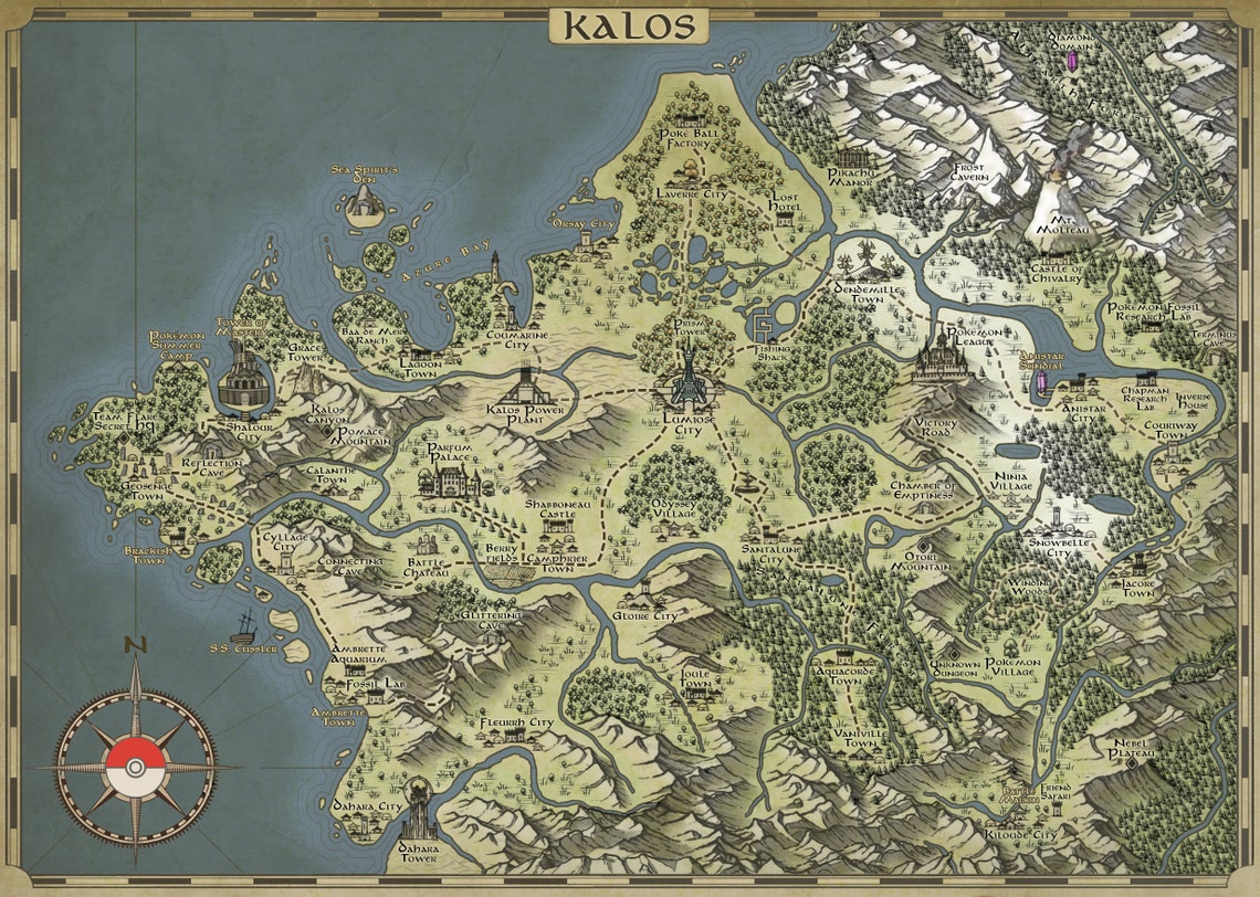 Pokemon Print Kalos Fantasy Map Geeky Gift for Him Nerdy - Etsy