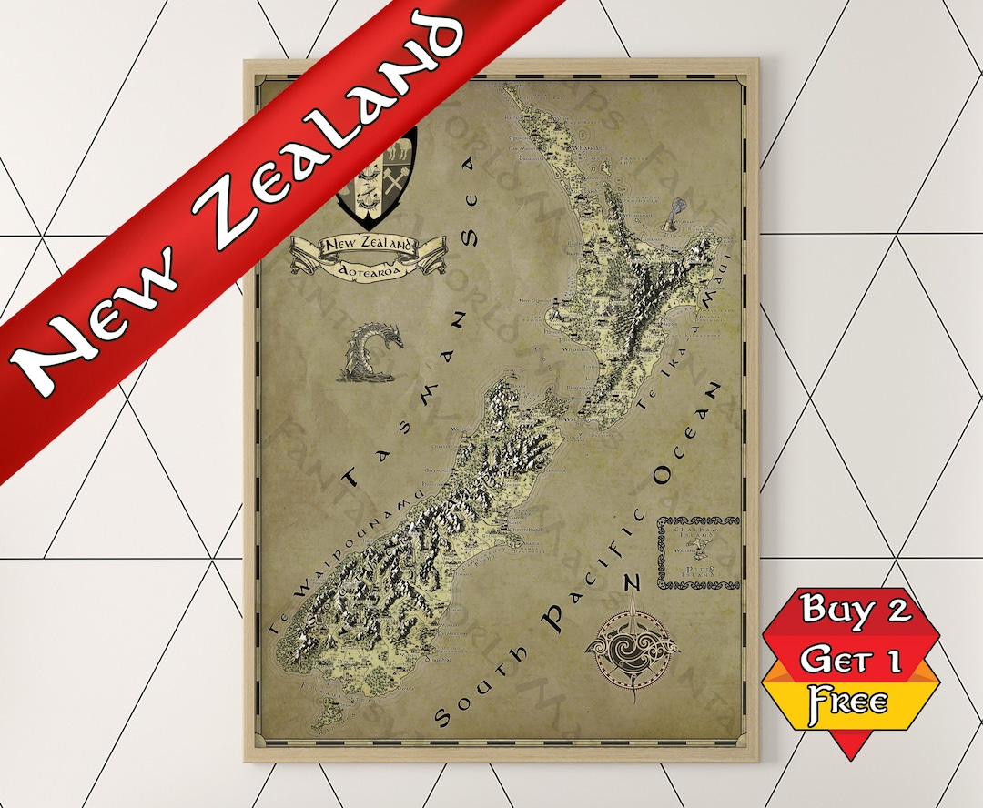 New Zealand Fantasy Map, New Zealand Poster, New Zealand Print, Geeky ...