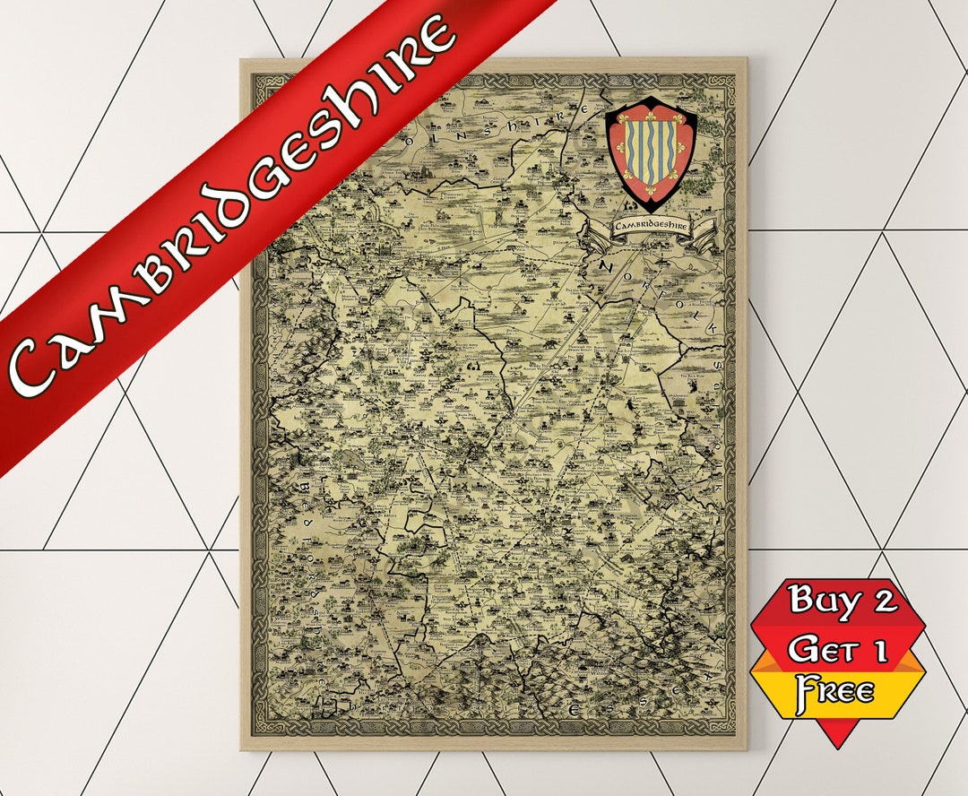 Cambridgeshire Map, Cambridge Print, Fantasy Poster, Geeky Gift for Him, Cambridgeshire Art ...