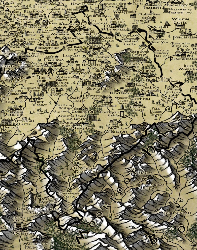 Edinburgh Lothian Map, Scotland Fantasy Print, A3 A2 A1 Scottish Poster ...