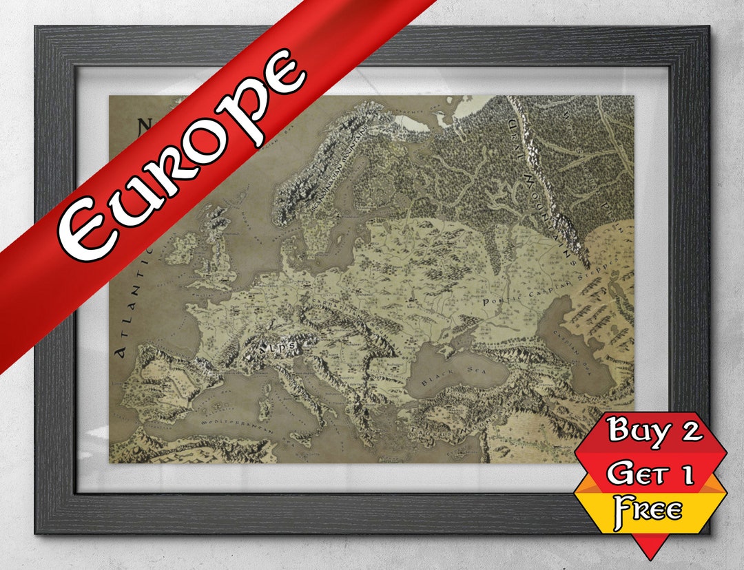 Europe Fantasy Map Print, A2 A1 Europe Poster, Fantasy Art Print, Nerdy ...