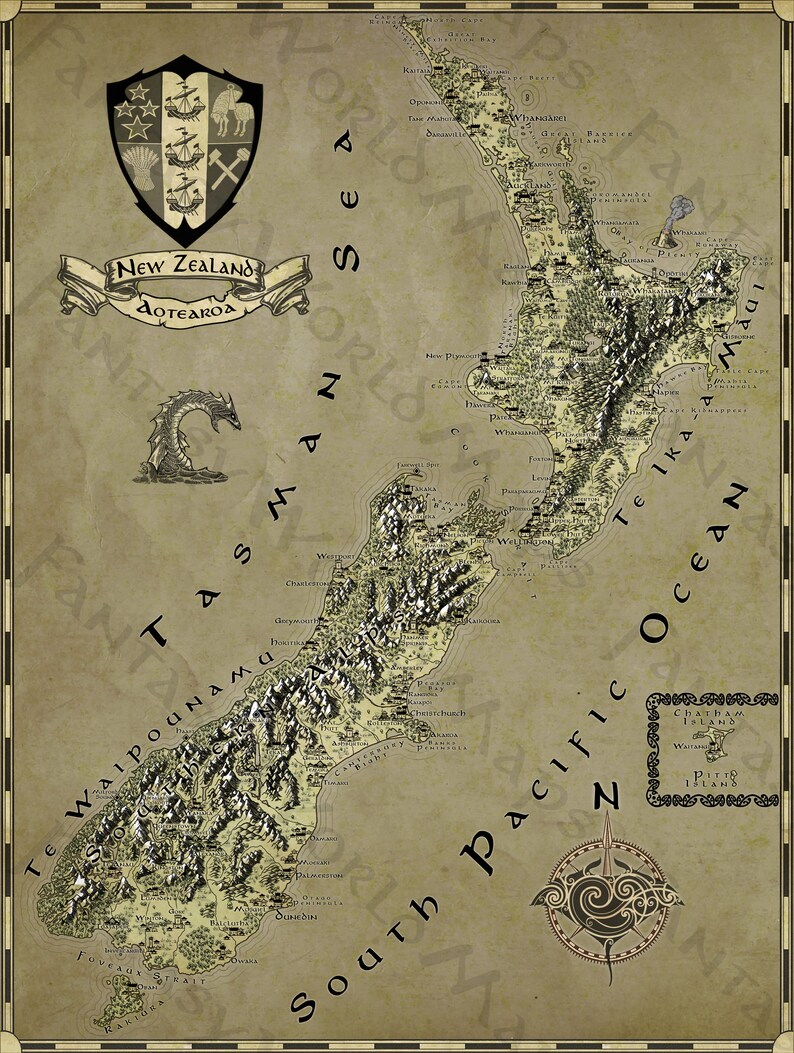 New Zealand Fantasy Map New Zealand Poster New Zealand - Etsy UK