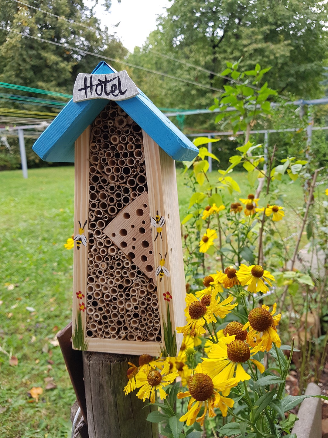 Wooden Bee Hotel With White Sign | Weatherproof & Odorless Paints | Bee ...