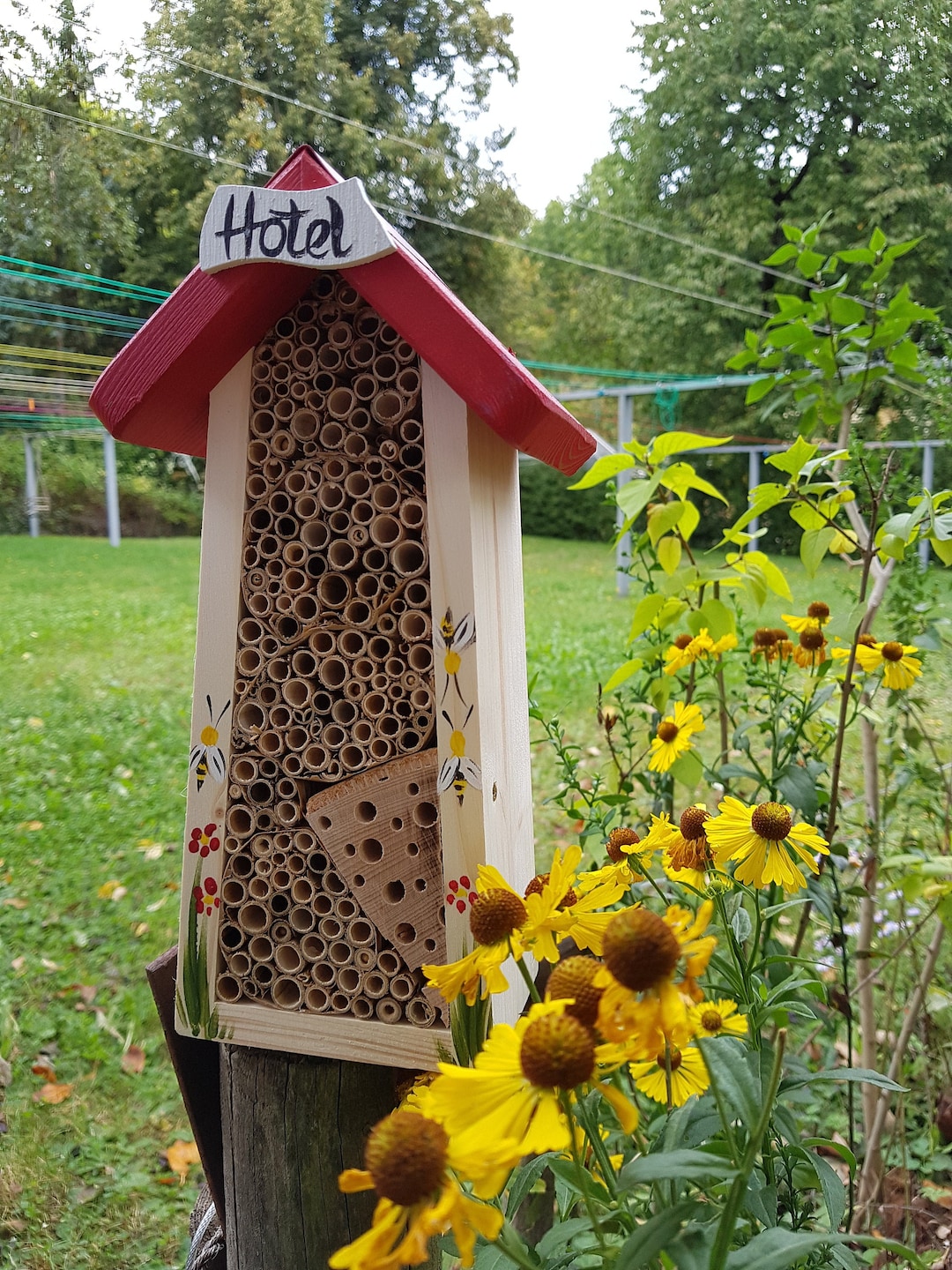 Wooden Bee Hotel With White Sign | Weatherproof & Odorless Paints | Bee ...