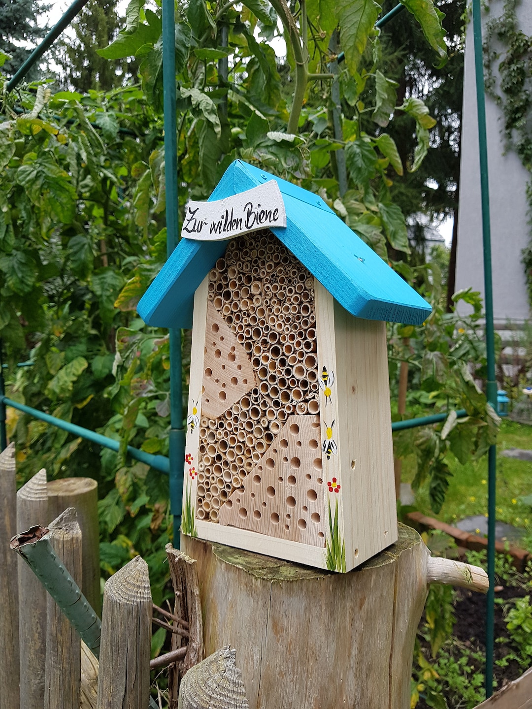 Bee Hotel Made of Wood, With White Sign | Weatherproof & Odorless ...