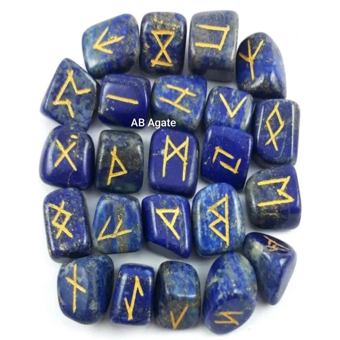Lapis Lazuli Engraved Rune Set,tumbled Viking 25 Pcs Rune Stones Set ...