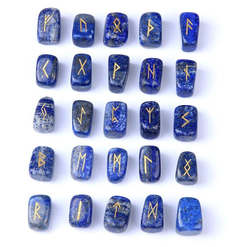 Lapis Lazuli Engraved Rune Set,tumbled Viking 25 Pcs Rune Stones Set ...