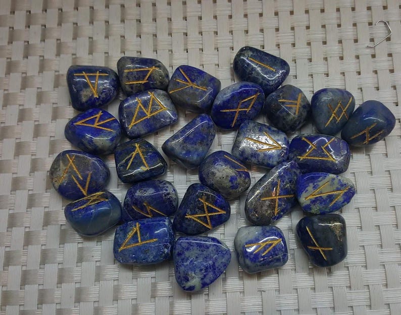 Lapis Lazuli Engraved Rune Set,tumbled Viking 25 Pcs Rune Stones Set ...