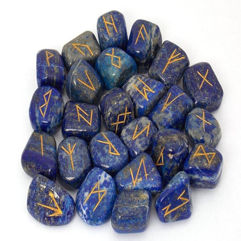 Lapis Lazuli Engraved Rune Set,tumbled Viking 25 Pcs Rune Stones Set ...