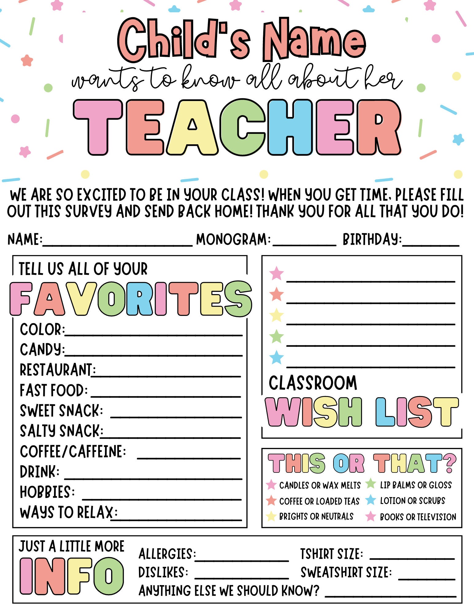 Customizable Teacher Favorites Form Personalized With Your Child's Name ...