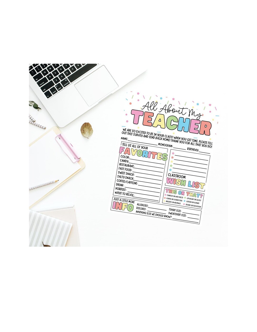 Teacher Favorites Form - Ready to Print! - Etsy