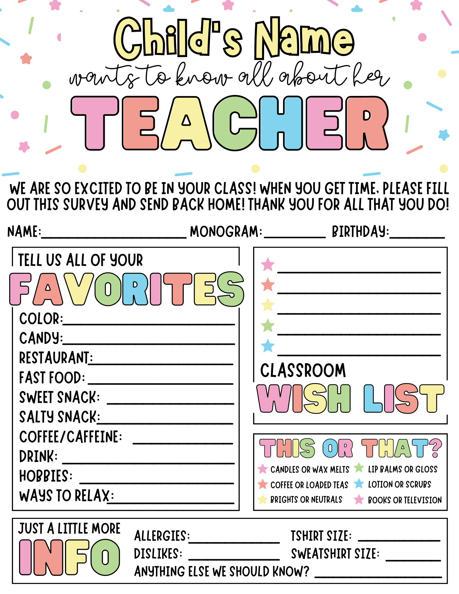 Customizable Teacher Favorites Form Personalized With Your Child's Name ...