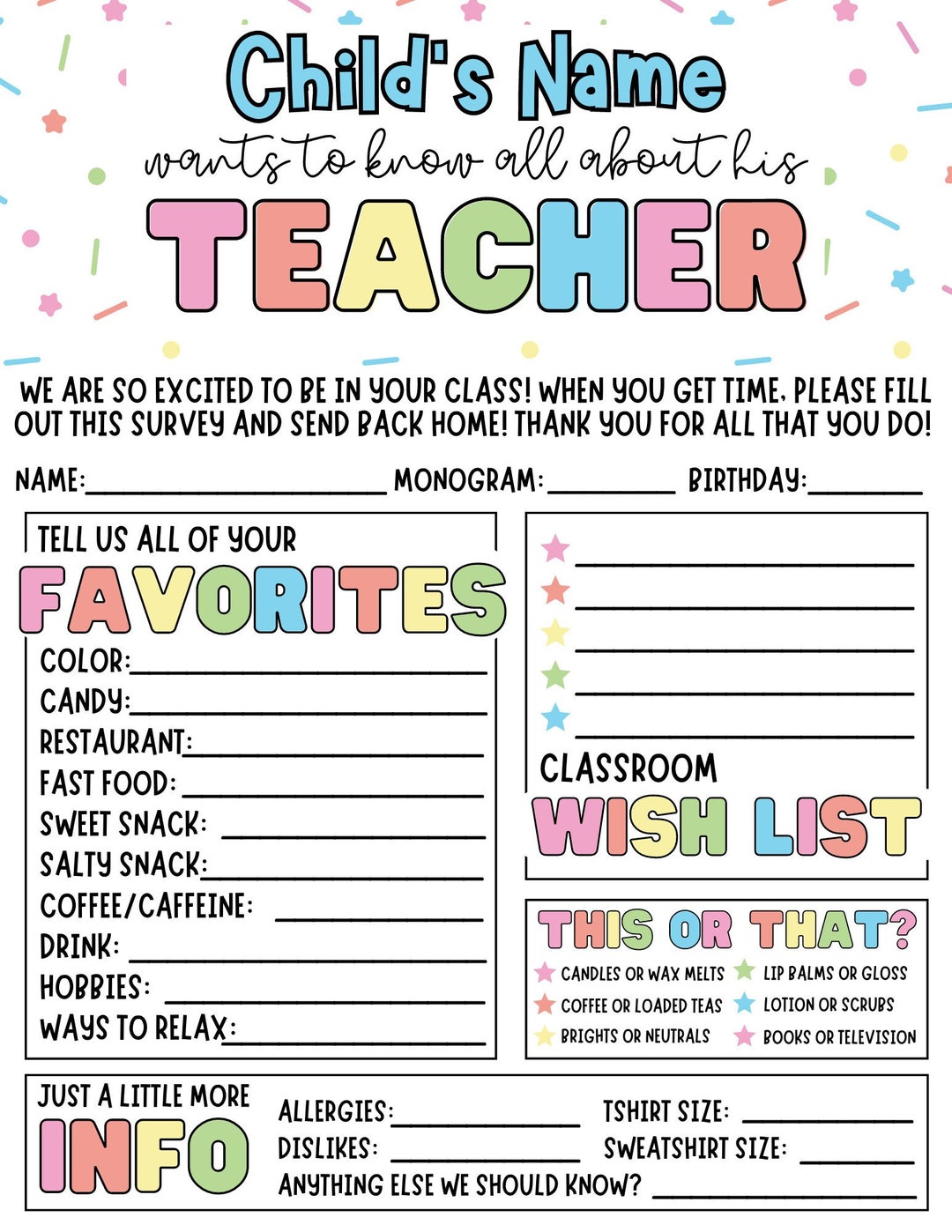 Customizable Teacher Favorites Form Personalized With Your Child's Name ...