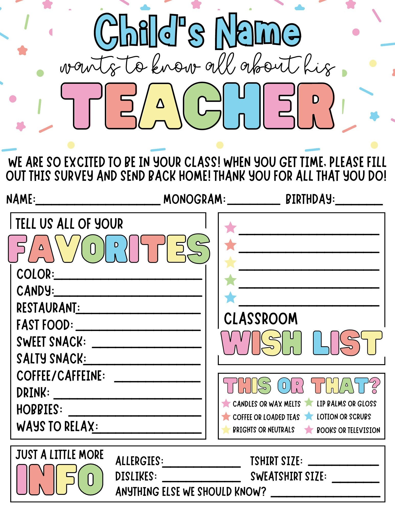 Customizable Teacher Favorites Form Personalized With Your Child's Name ...