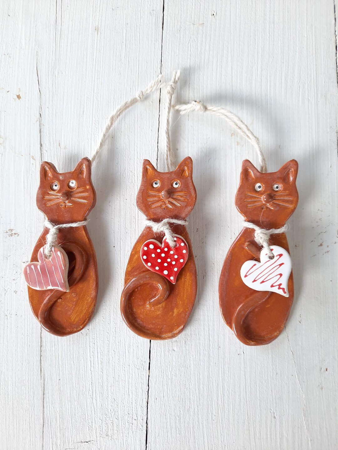 Ceramic Hangers, Cats, Set of 3, With Heart and Ribbon to Hang ...
