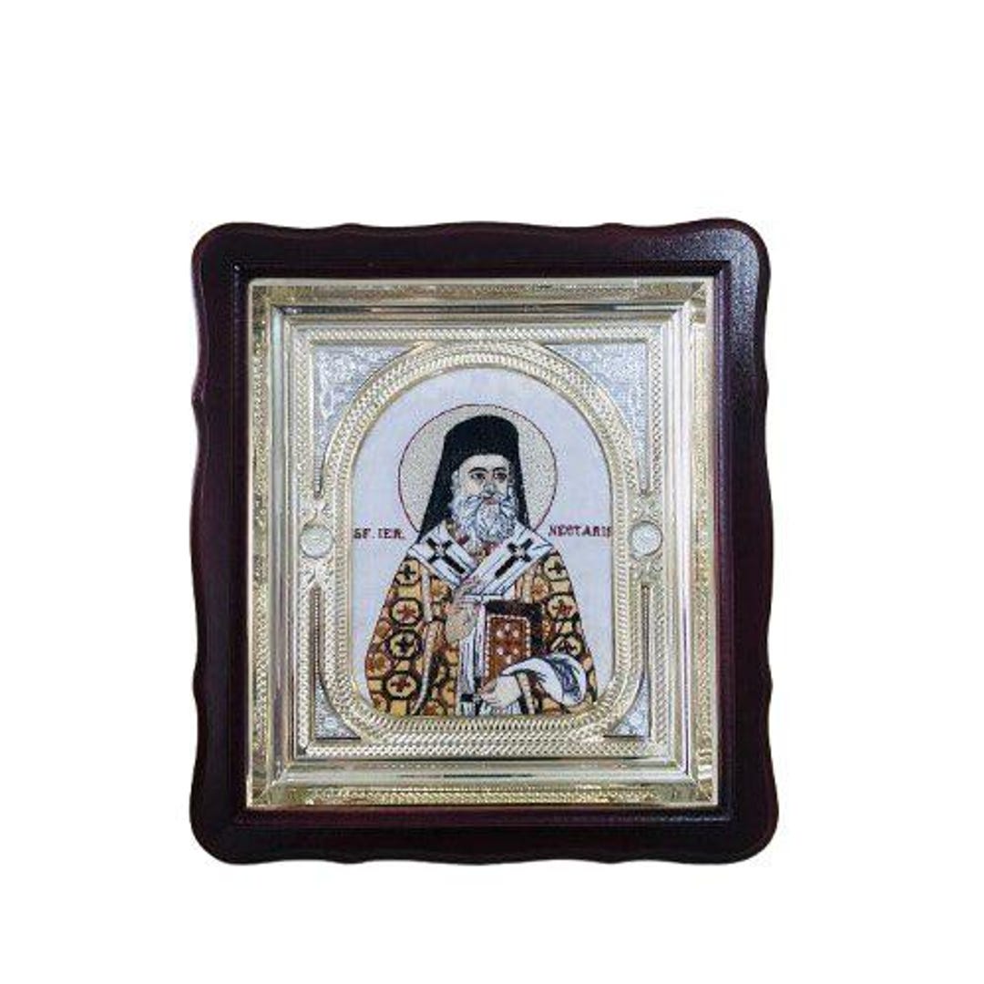 Embroidered Icon of Saint Nectarios With Wooden Frame - Etsy
