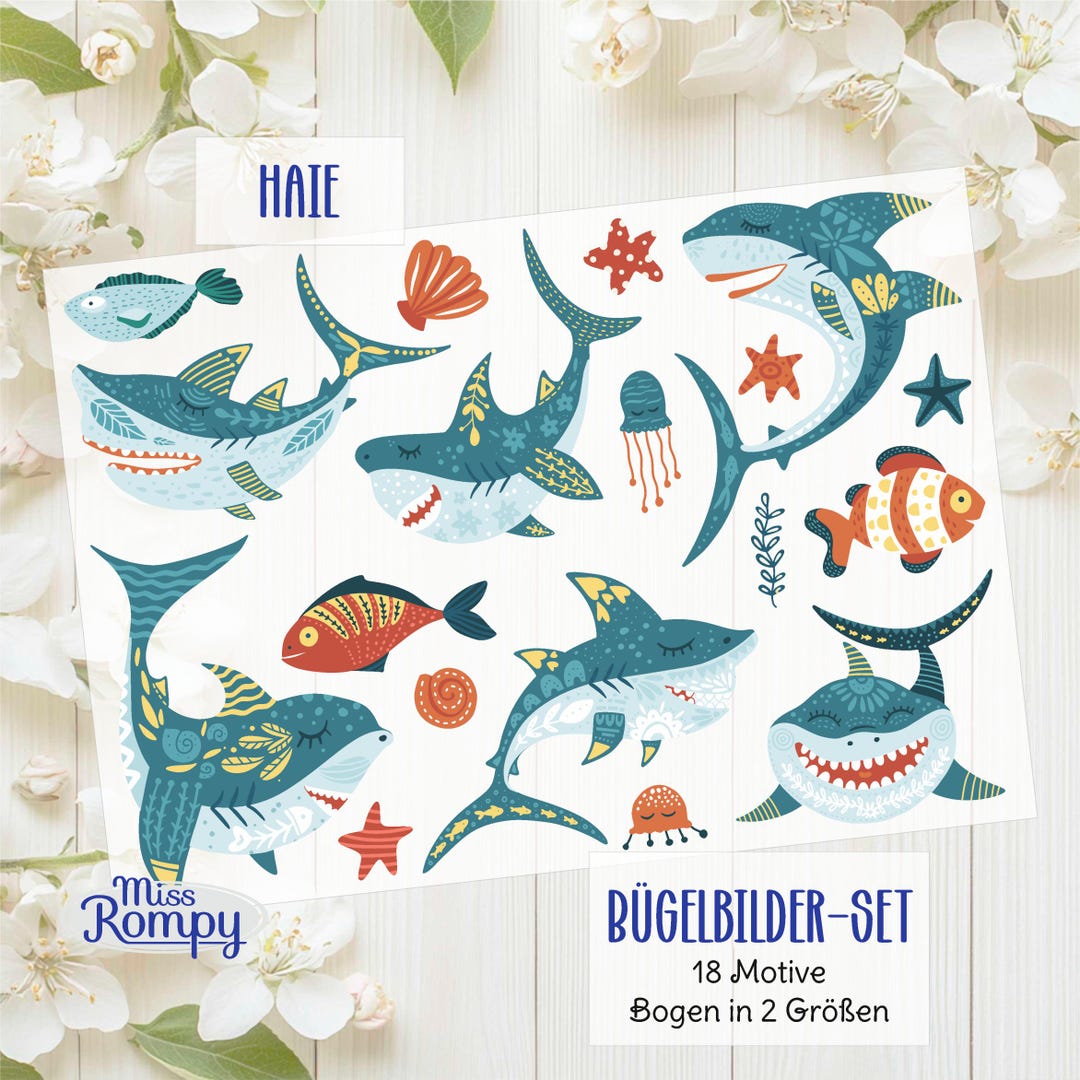 Sharks, (064), Iron-on Pictures, 18 Motifs, Boho, Shark, Sea, to Iron ...