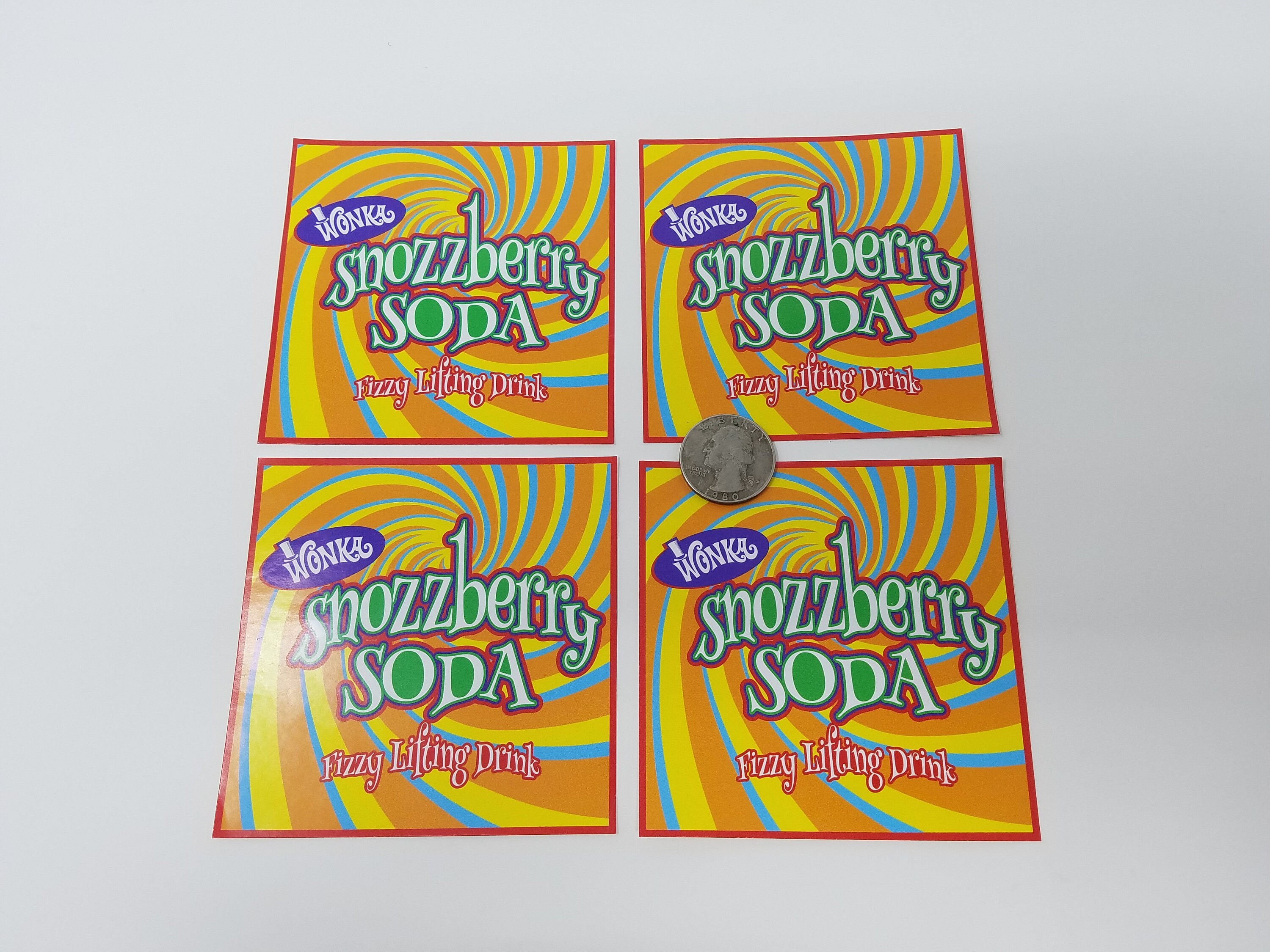 FOUR Small Willy Wonka Fizzy Lifting Drink Bottle Labels Snozzberry ...