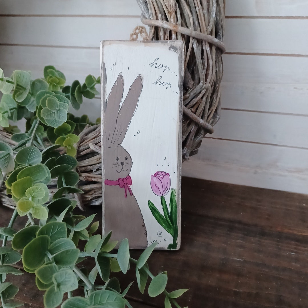Wooden Sign Hop Hop Easter Bunny Sign for Hanging Decoration for the ...