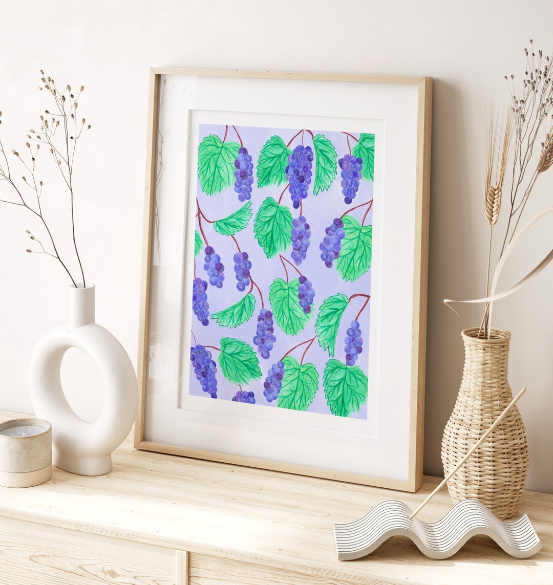 Purple Grapes Art Print, Fruit Wall Art, Grape Vine Poster, Kitchen ...