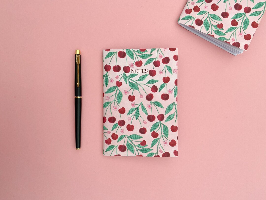 Cherry A6 Notebook, Fruity Botanical Pattern, Blank Pages Saddle ...