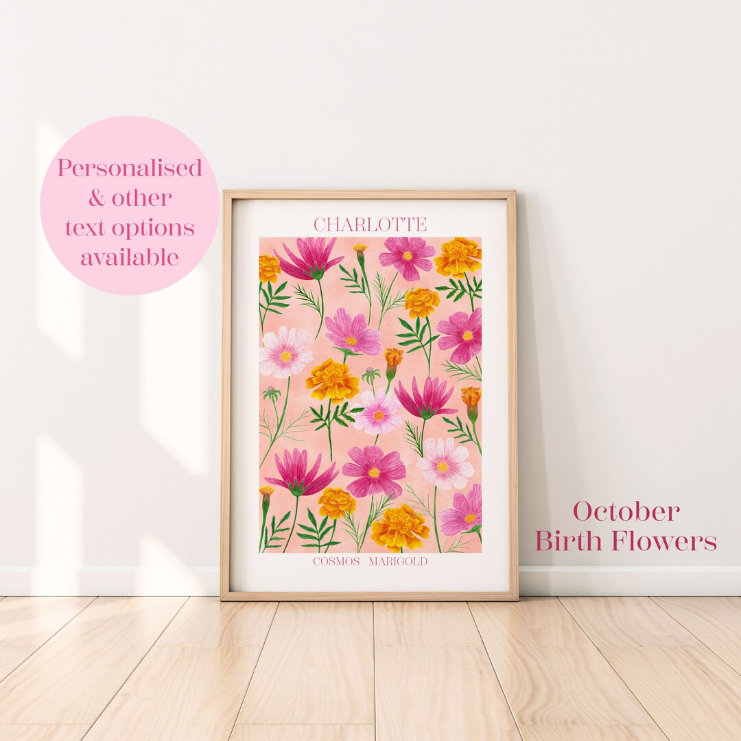 Personalised October Birth Flowers Art Print, Marigold Print, October ...