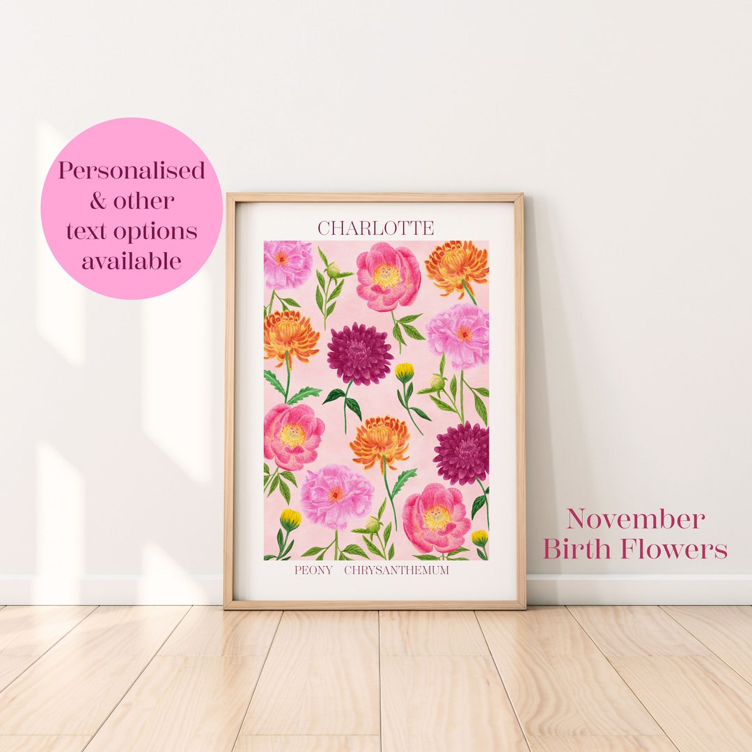 Personalised November Birth Flowers Art Print, Chrysanthemum Print ...