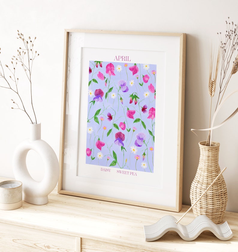 Personalised April Birth Flowers Art Print, Sweet Peas Print, April ...