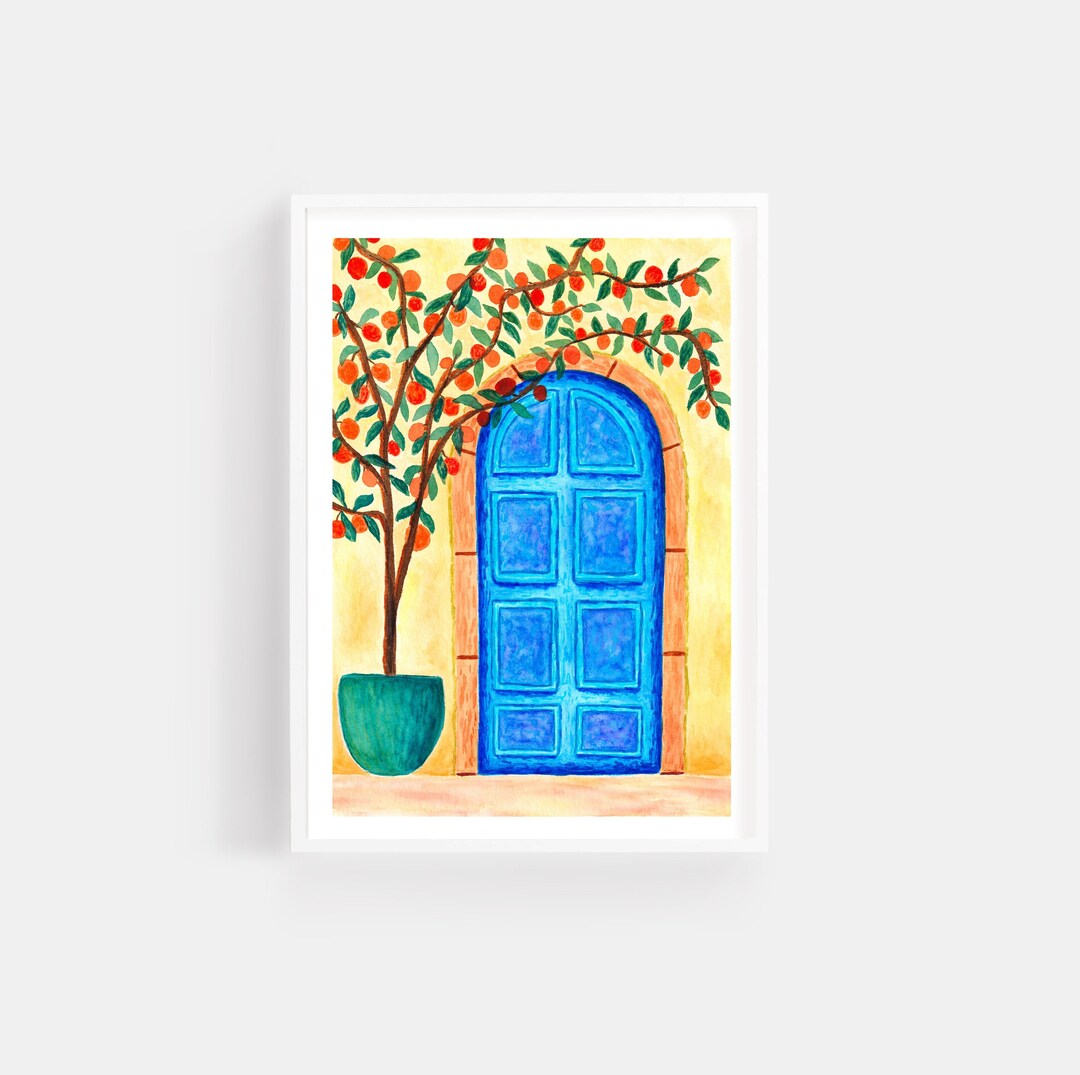 Mediterranean Blue Door Print, Greek Door Art Print, Orange Tree Print ...