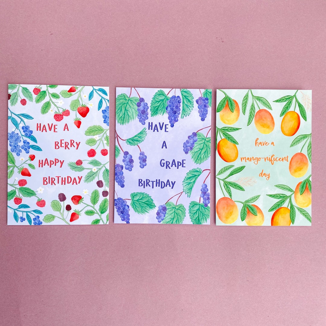 Happy Birthday Fruity Card Pack, Funny Fruit Pun Cards, Watercolour ...
