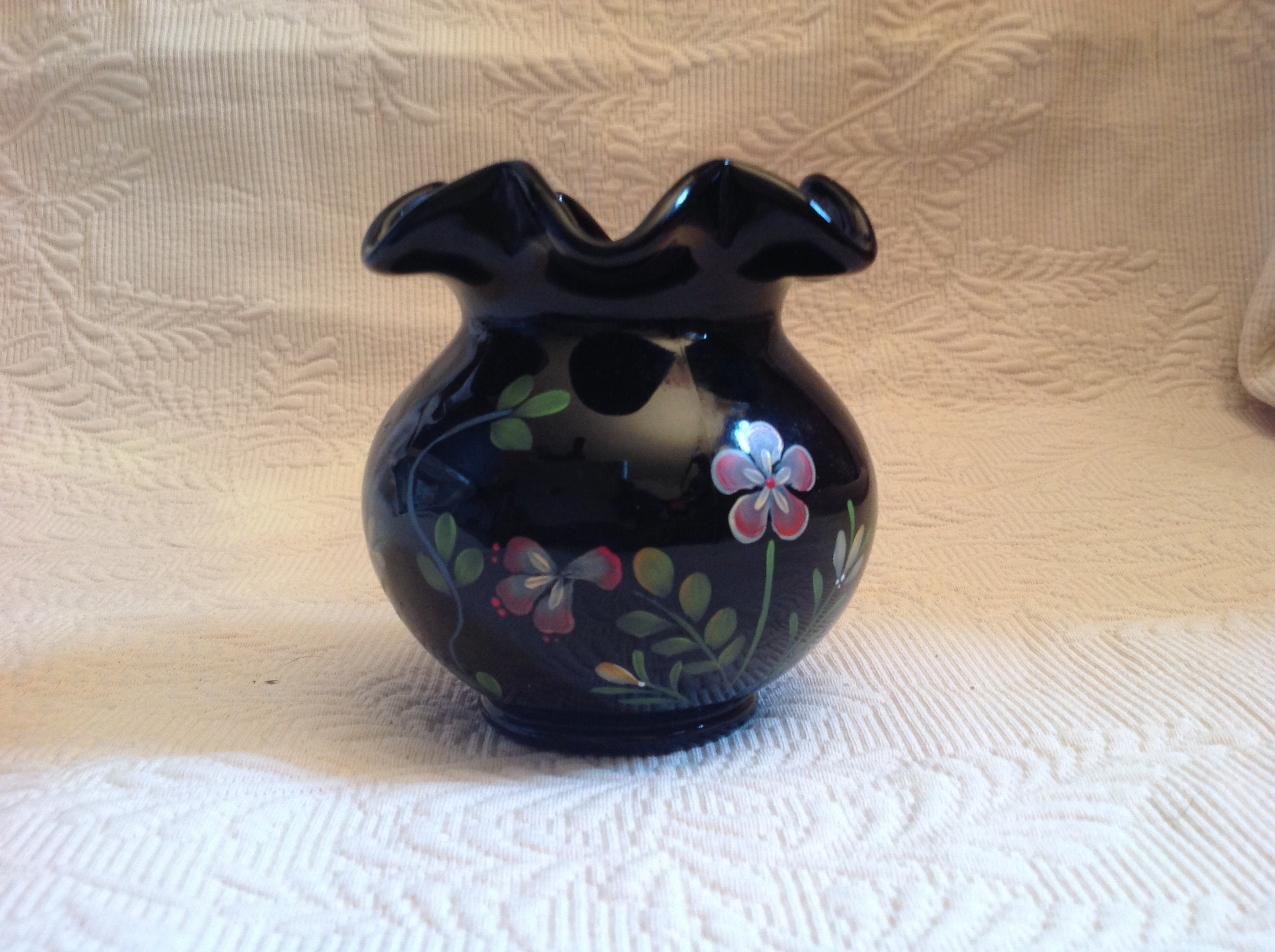 Fenton Black Glass Ruffled Top Sean K Fenton Handpainted C. Riggs - Etsy