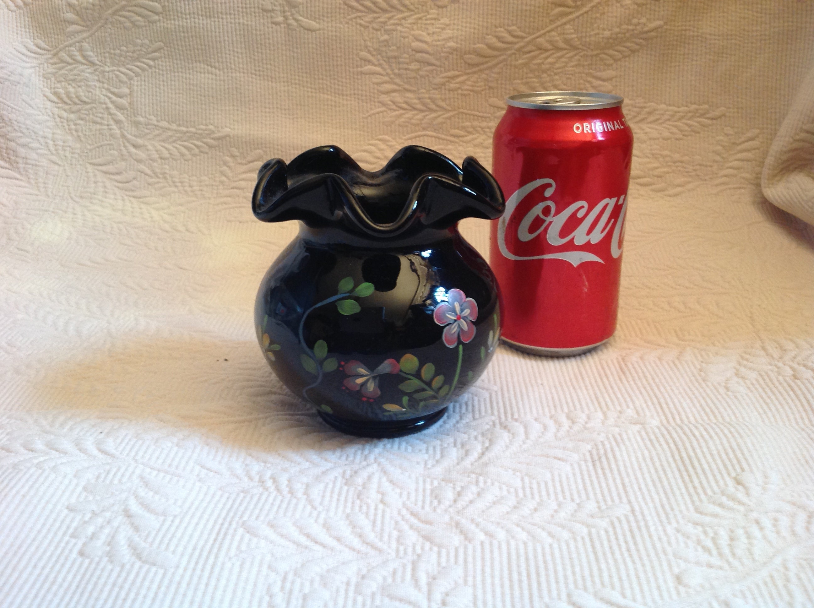 Fenton Black Glass Ruffled Top Sean K Fenton Handpainted C. Riggs - Etsy