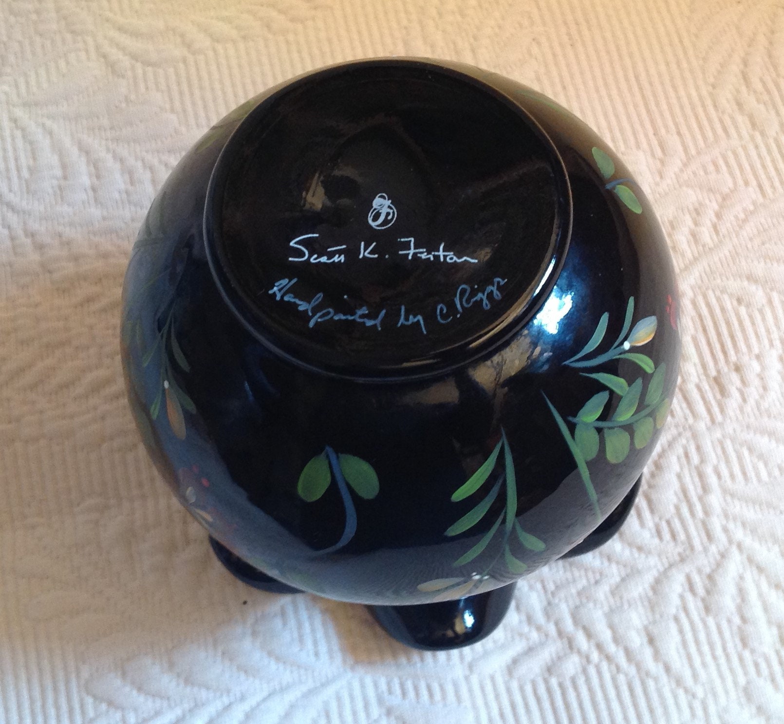 Fenton Black Glass Ruffled Top Sean K Fenton Handpainted C. Riggs - Etsy