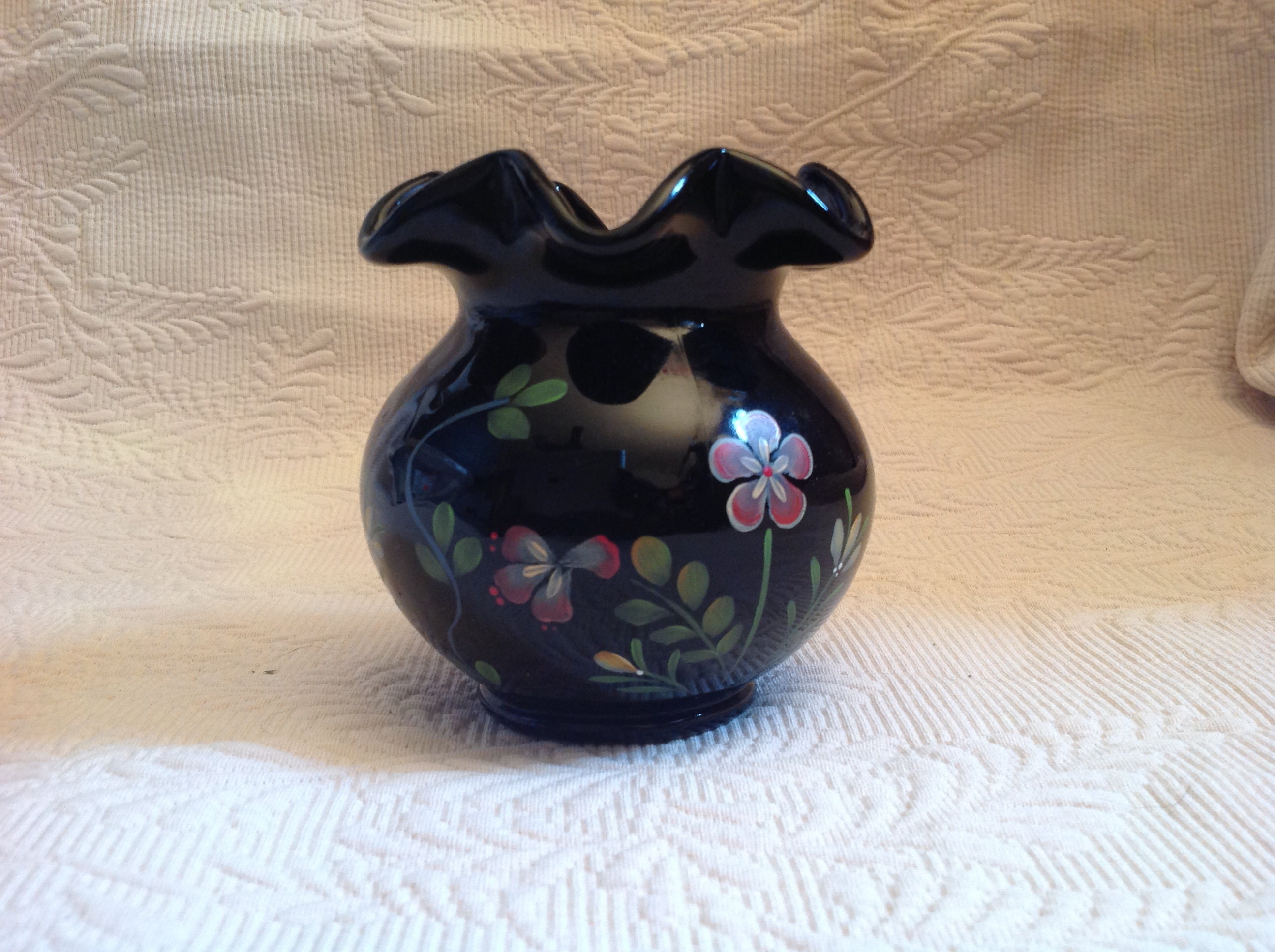 Fenton Black Glass Ruffled Top | Sean K Fenton Handpainted C. Riggs - Etsy